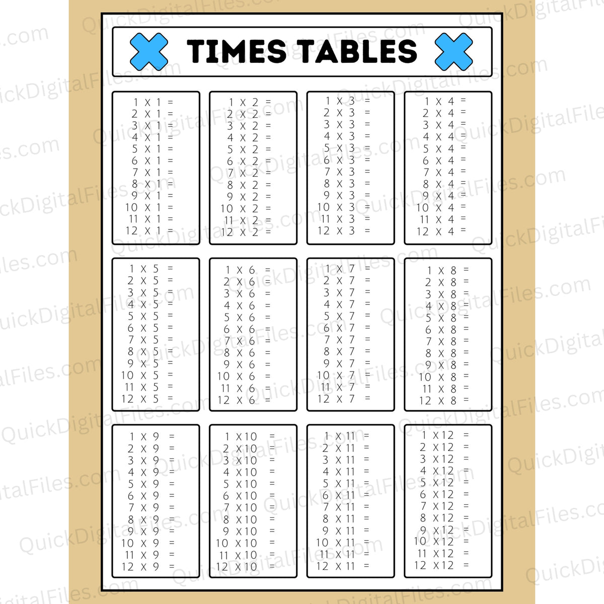 Times Table Sheet Printable PDF - Full 1x1 to 12x12 Multiplication ...