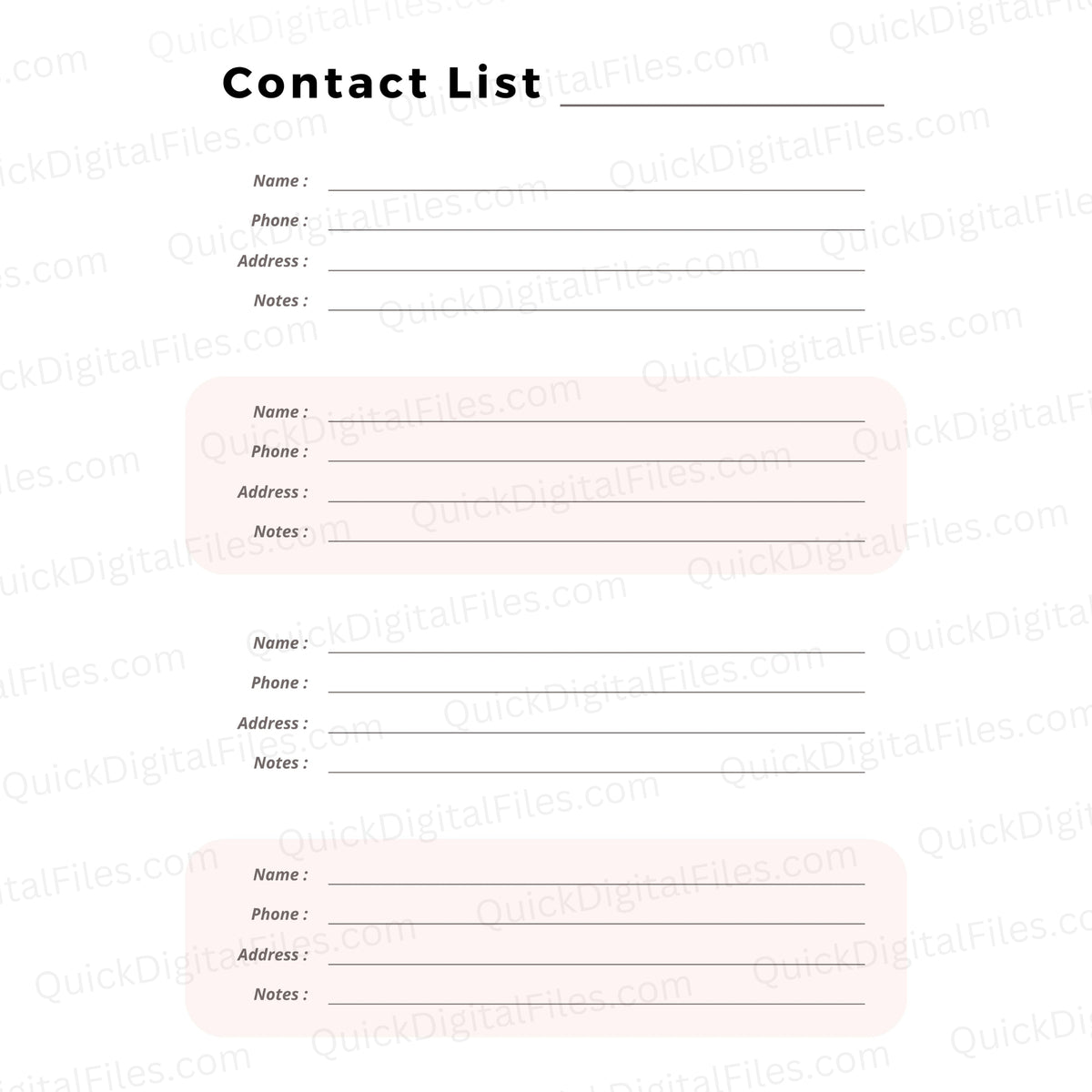 Printable Contact List PDF - Easy-to-Use Address Book – Quick Digital Files